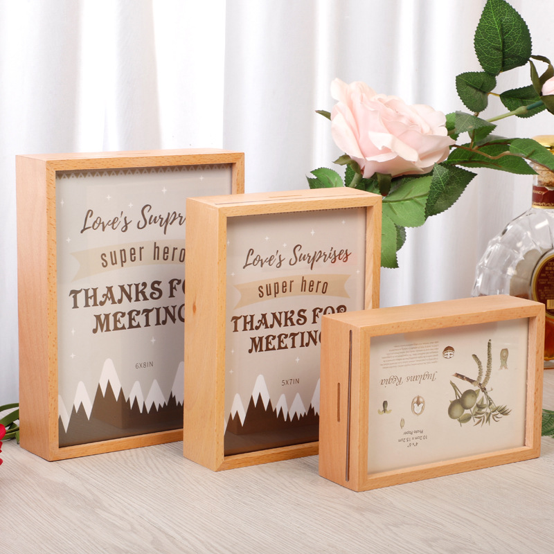 Wooden creative piggy bank photo frame